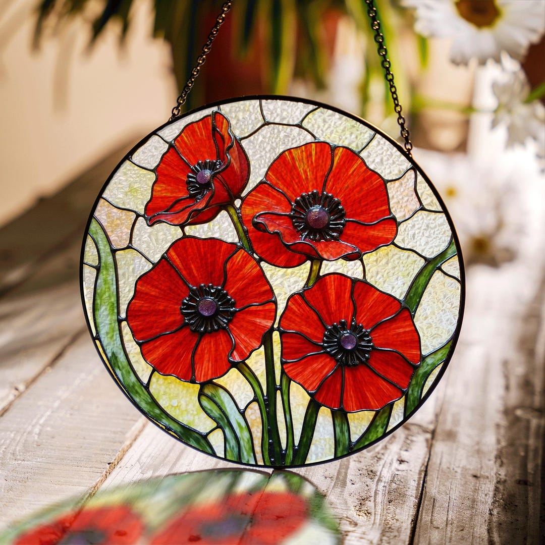 Red Poppy Flowers Stained Glass Round Suncatcher Window Decor Gift for ...