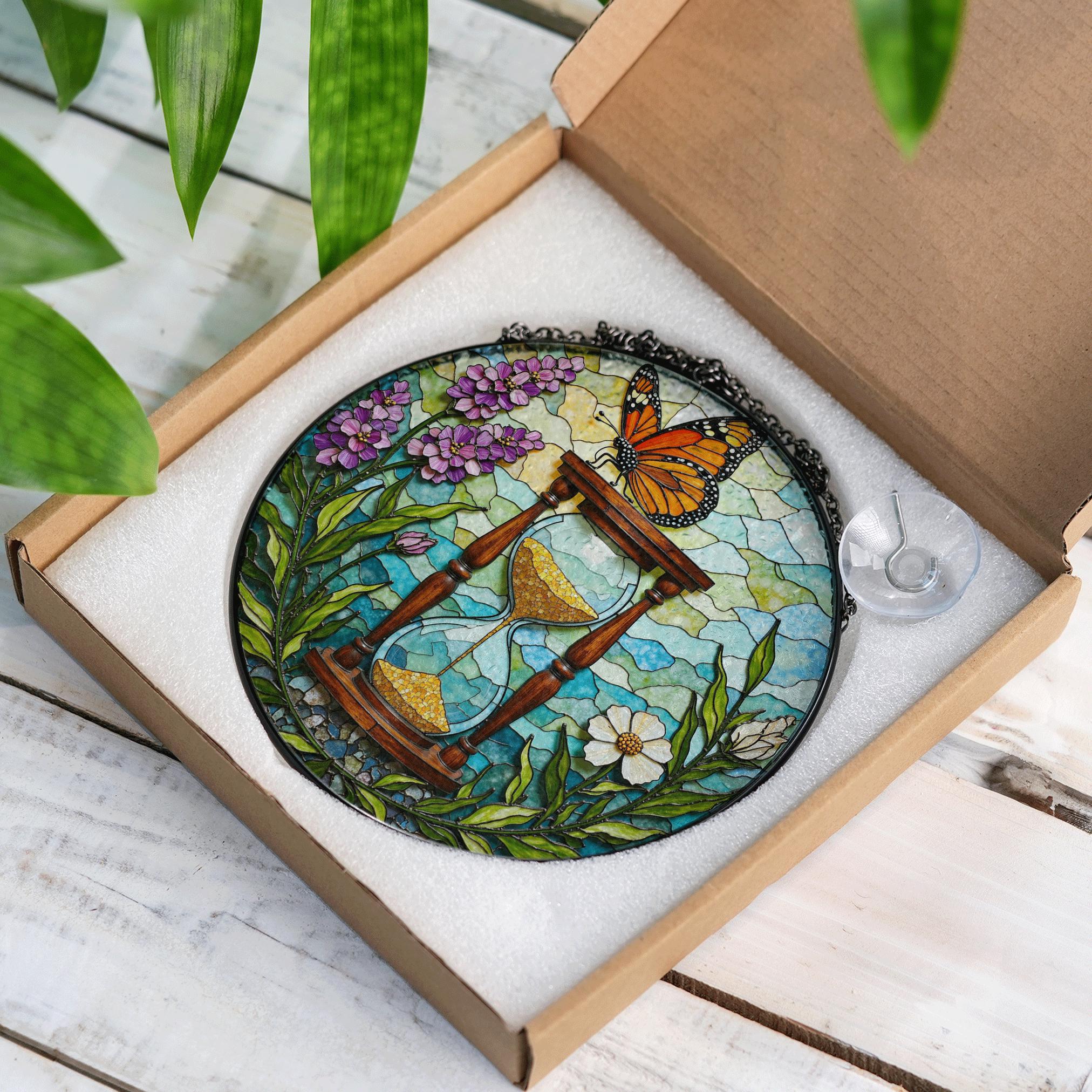 Butterfly Hourglass Stained Glass Suncatcher Nature Time Decor Gift for ...