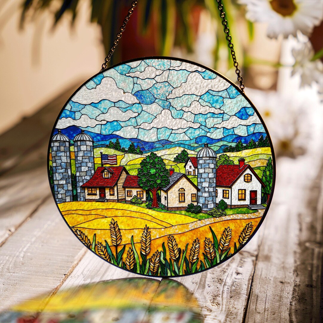 Countryside Farm Scene Stained Glass Suncatcher Handmade Window Decor ...