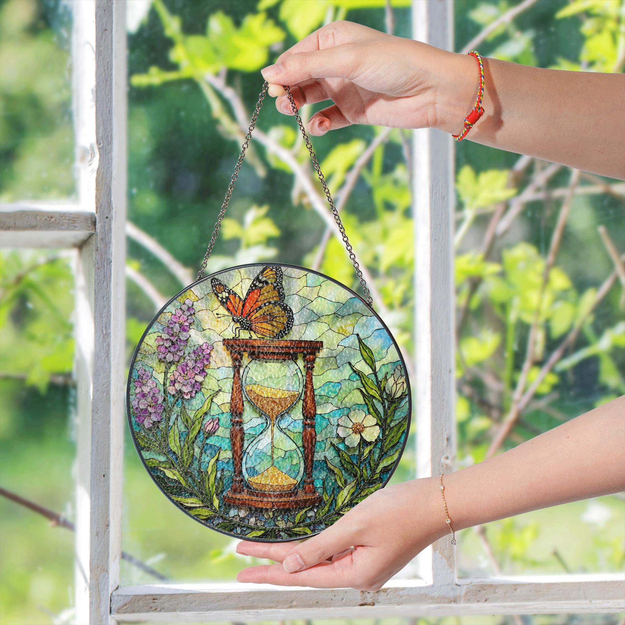 Butterfly Hourglass Stained Glass Suncatcher Nature Time Decor Gift for ...
