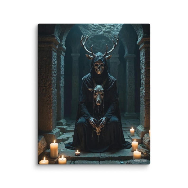 Gothic Forest Shaman Art Print – Antlered Skull Mask Ritual Candle ...