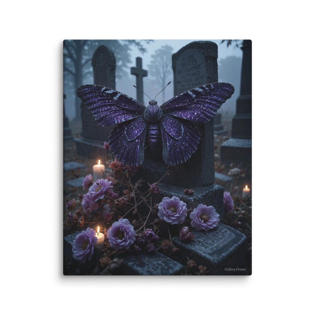 Gothic Moth Cemetery Art Print – Purple Galaxy Butterfly With Candles ...