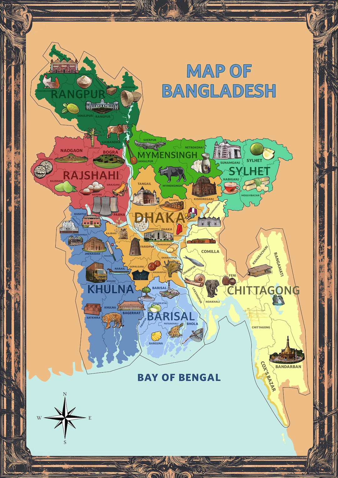 Map of Bangladesh W/ 64 Districts and Icons - Etsy