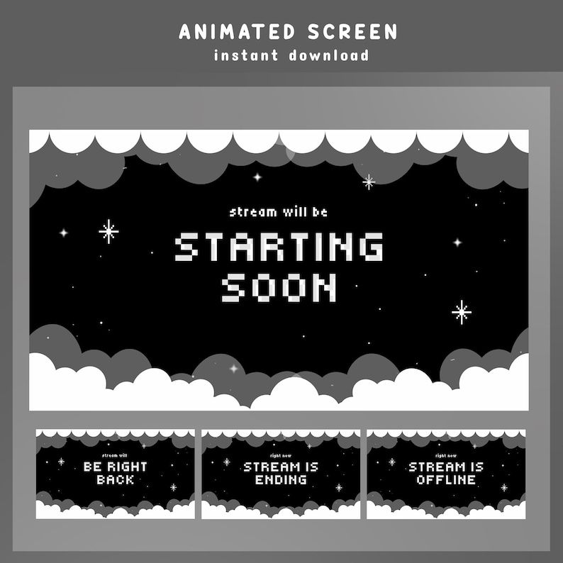 Pixel Night Animated Stream Screen Overlay, Black White Twitch Screen ...