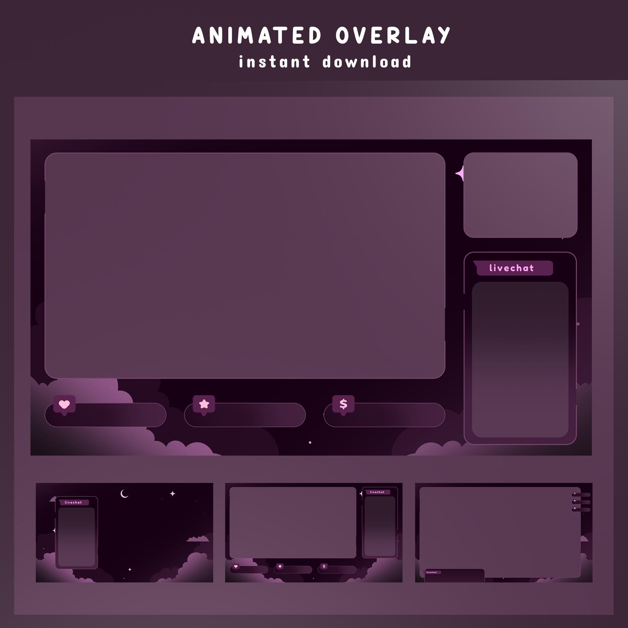 Silent Crescent Animated Stream Overlay Bundle, Moon Cloud Vtuber ...