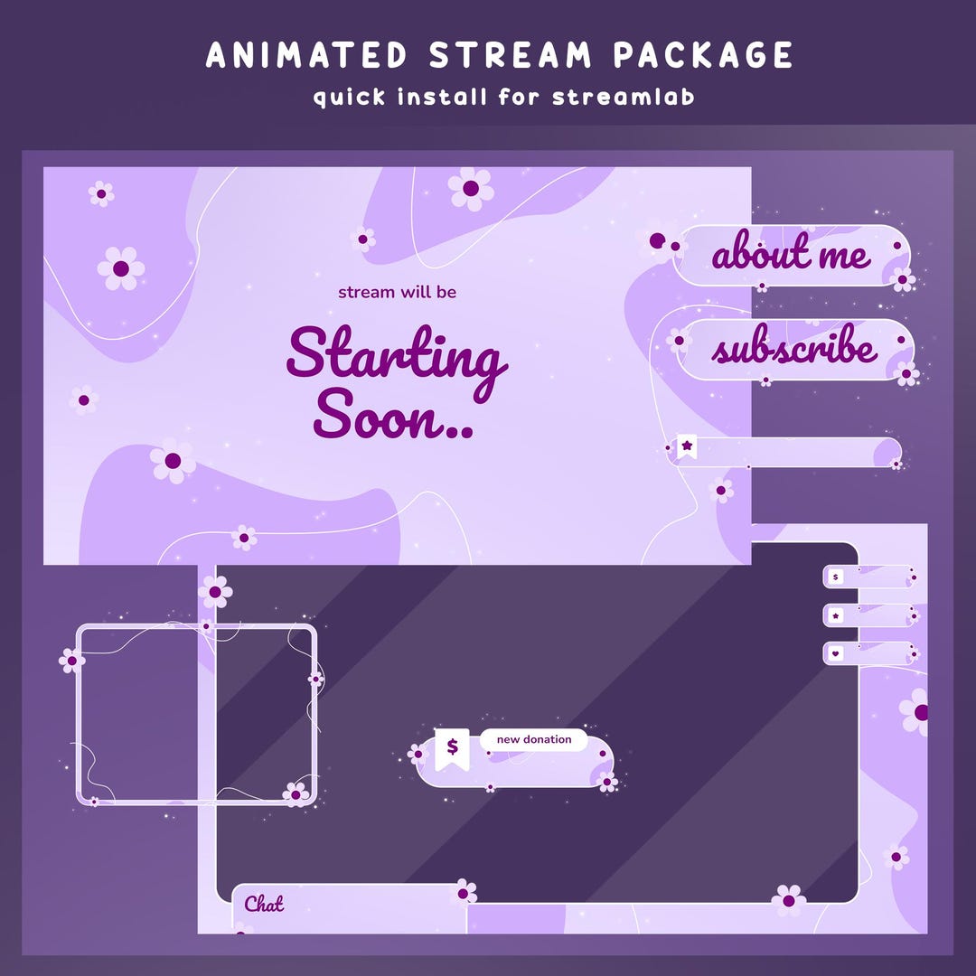 Soft Blossom Animated Stream Overlay Bundle, Soft Purple Overlay ...