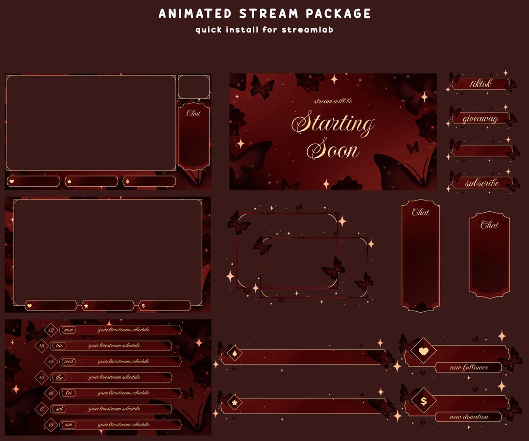 Crimson Butterflies Animated Stream Overlay Bundle, Elegant Red ...