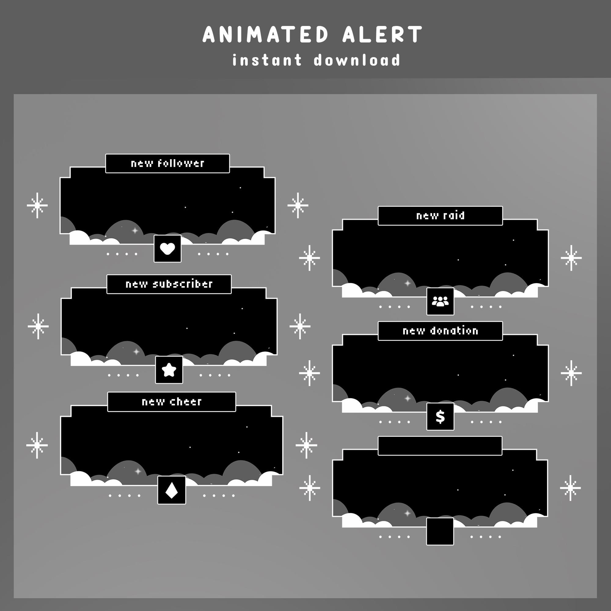 Pixel Night Animated Stream Alert Overlay, Black White Stream Alert ...