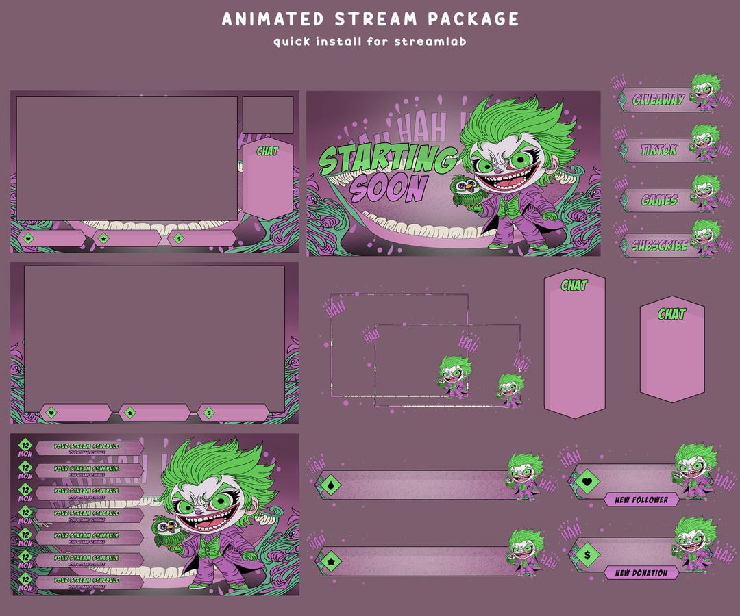 Jester Sprout Animated Stream Overlay Bundle, Purple Green Theme ...