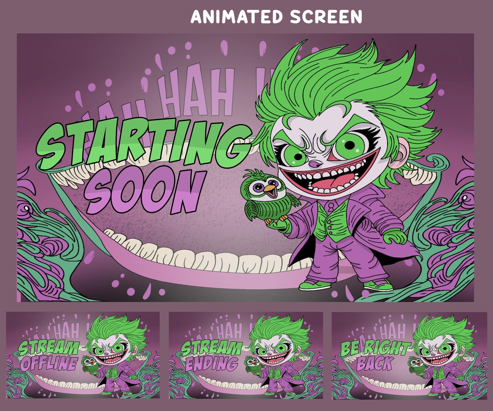 Jester Sprout Animated Stream Overlay Bundle, Purple Green Theme ...