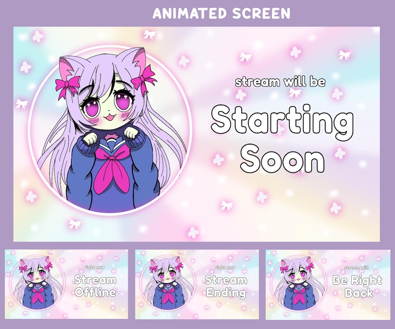 Candy Neko Animated Stream Screen Overlay, Purple and Pink Overlay ...