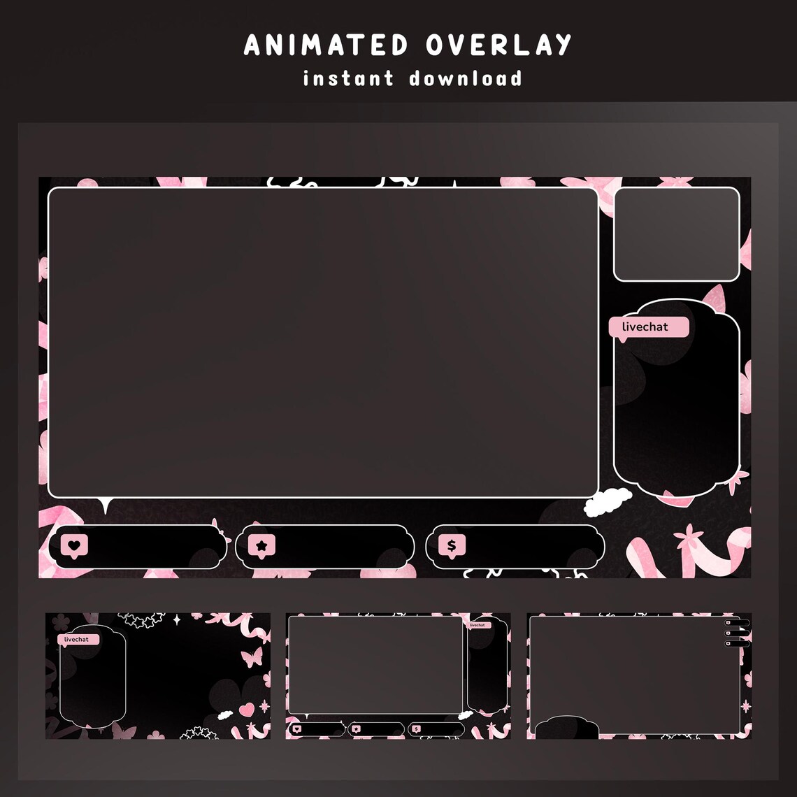 Lovely Charm Animated Stream Overlay Bundle, Pink Black Overlay ...