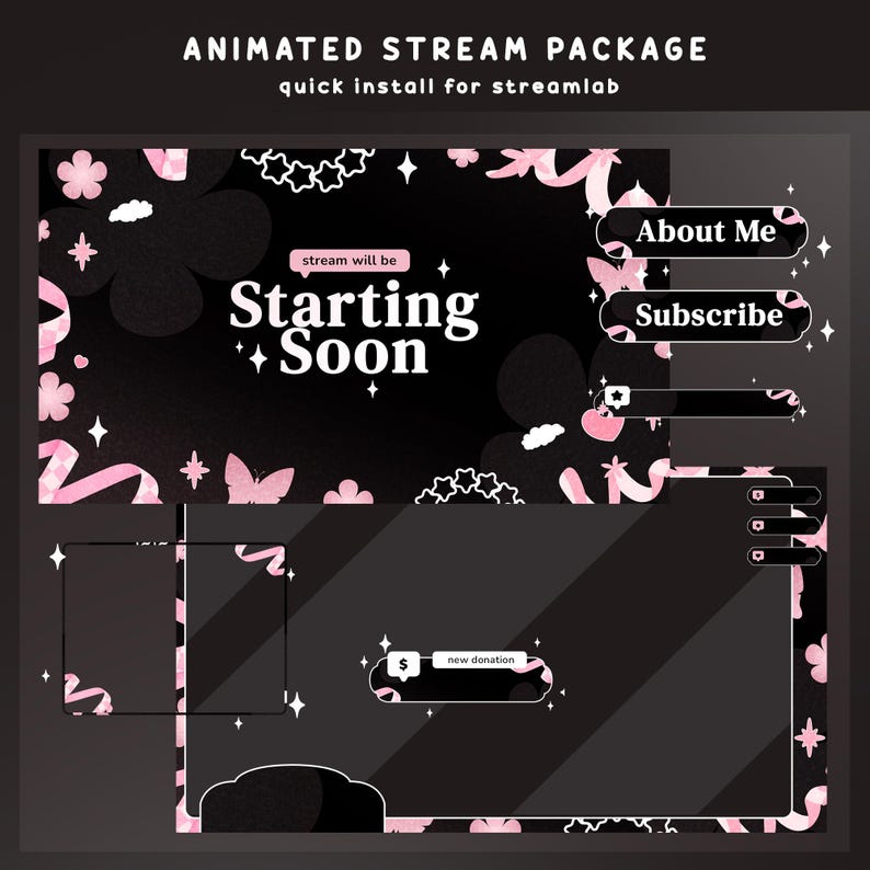 Lovely Charm Animated Stream Overlay Bundle, Pink Black Overlay ...
