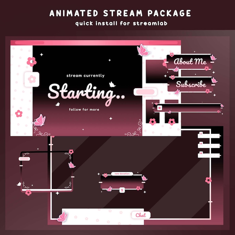 Butter Belle Animated Stream Overlay Bundle, Black Pink Stream Overlay ...