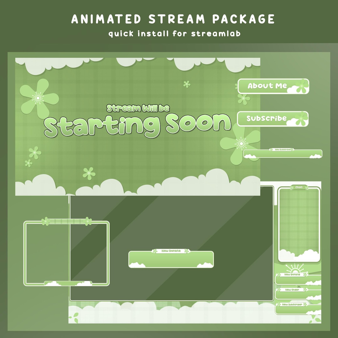 Cheerful Garden Animated Stream Overlay Bundle, Pastel Green Twitch ...