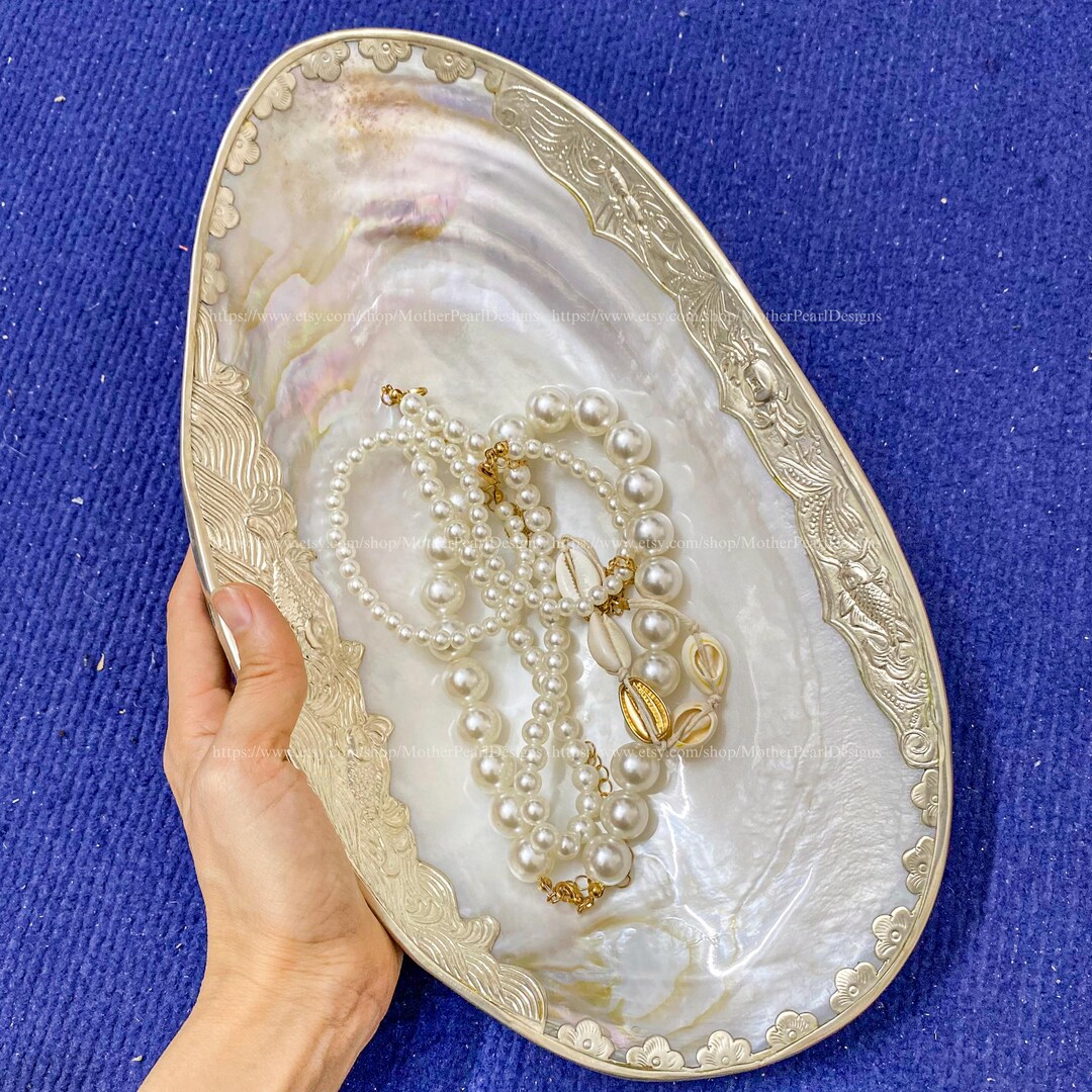Mother of Pearl Seashell Dish Silver Trim, Natural Giant Shell Fish ...