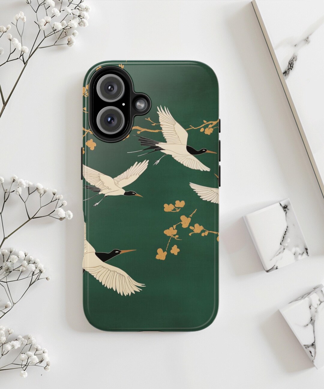 Gold Accents Japanese Print Maximalist Emerald Green Large Bird iPhone ...