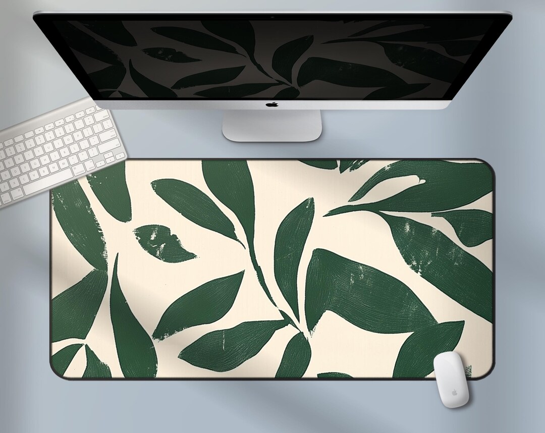Minimalist Green Leaves Desk Mat, Botanical Mouse Pad, Nature Inspired ...