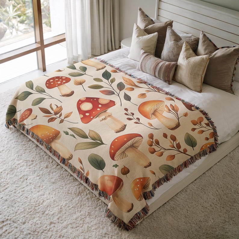 Whimsigoth Mushroom Blanket Woven Throw Couch Cute Fungi Cottagecore ...