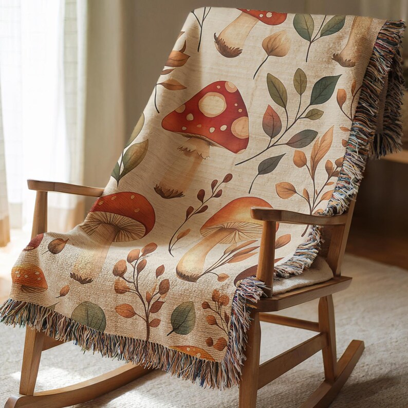 Whimsigoth Mushroom Blanket Woven Throw Couch Cute Fungi Cottagecore ...