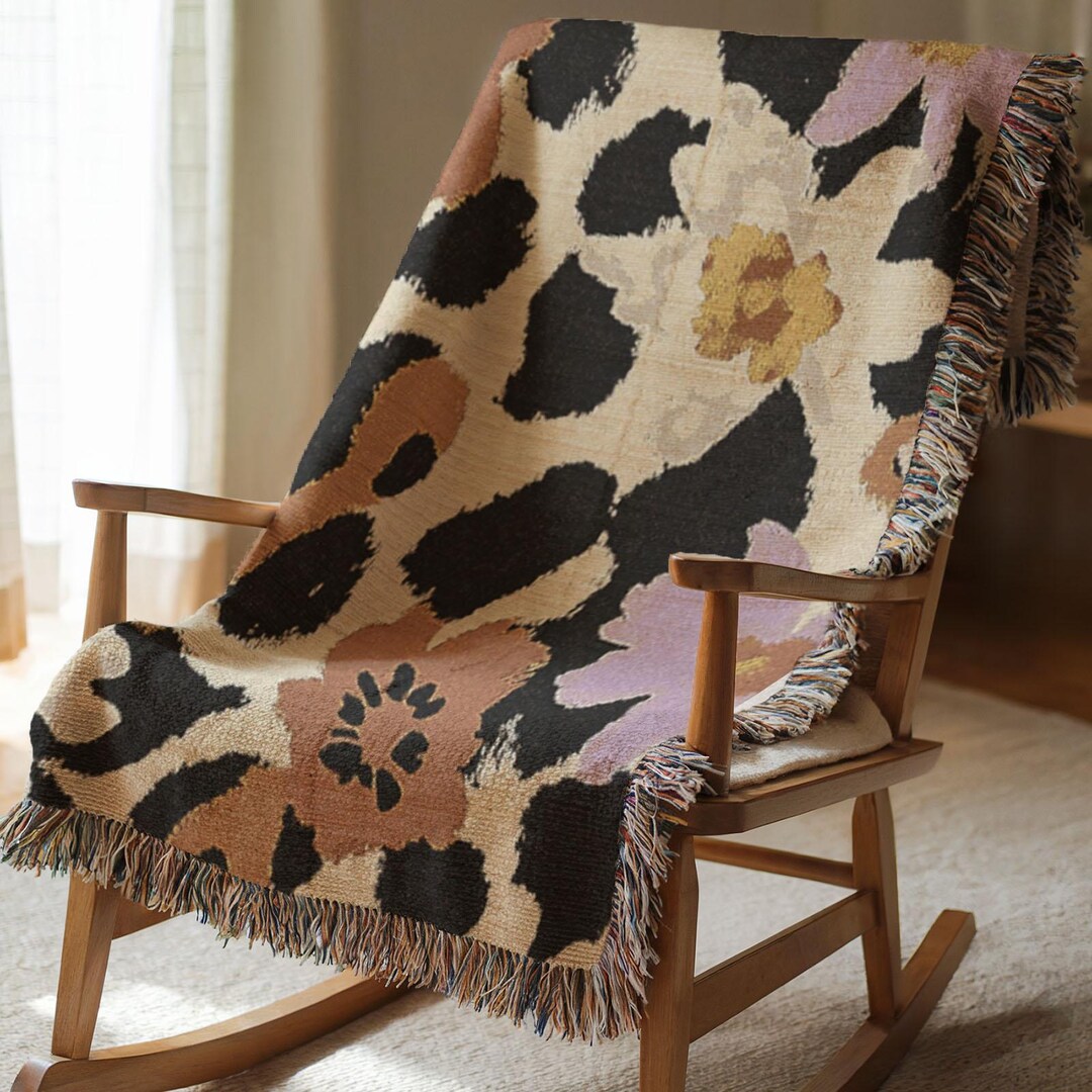 Boho Leopard Print Throw Blanket, Artistic Floral Animal Pattern, Soft ...