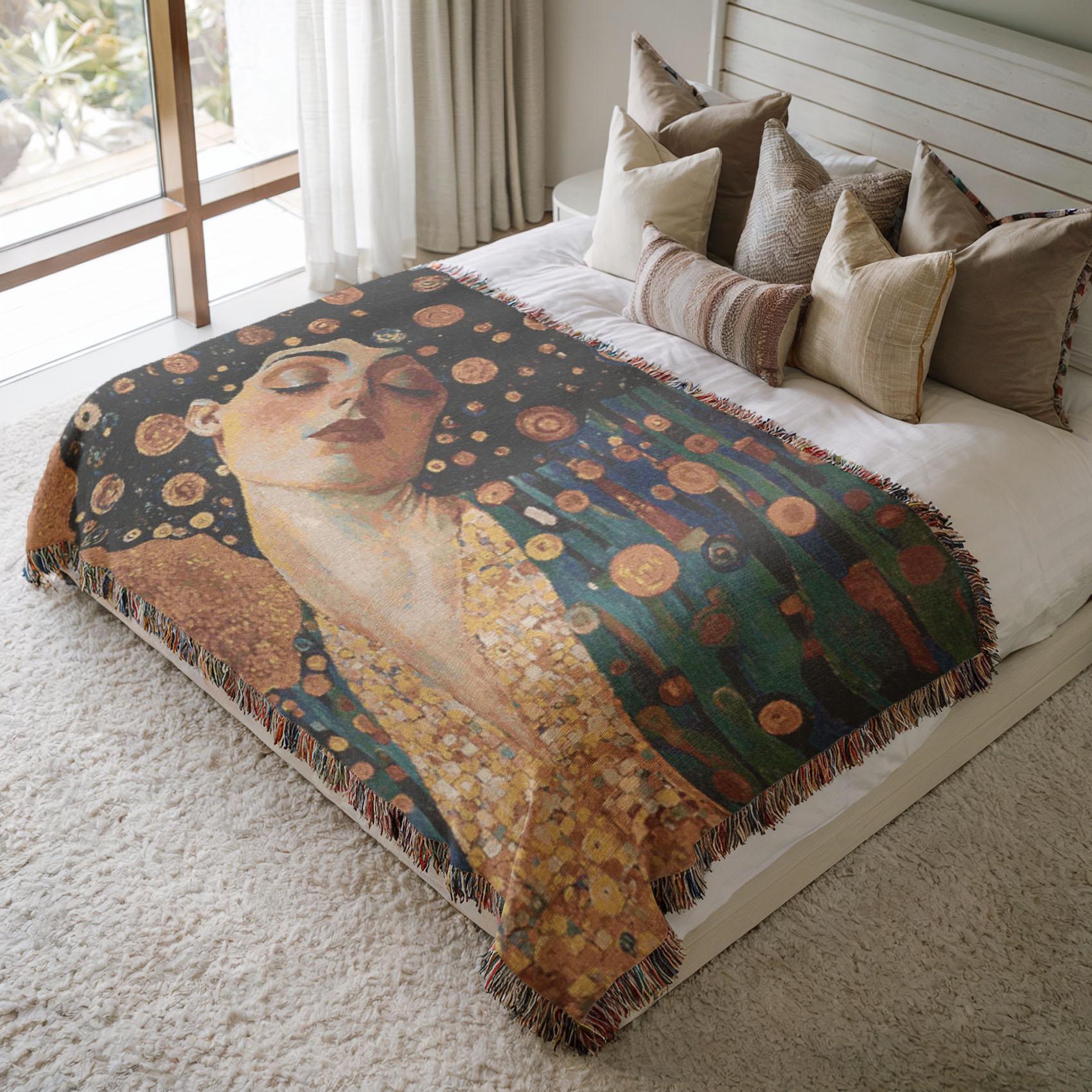 Art Nouveau Blanket, Klimt Style Woman Portrait Tapestry Throw, Woven ...