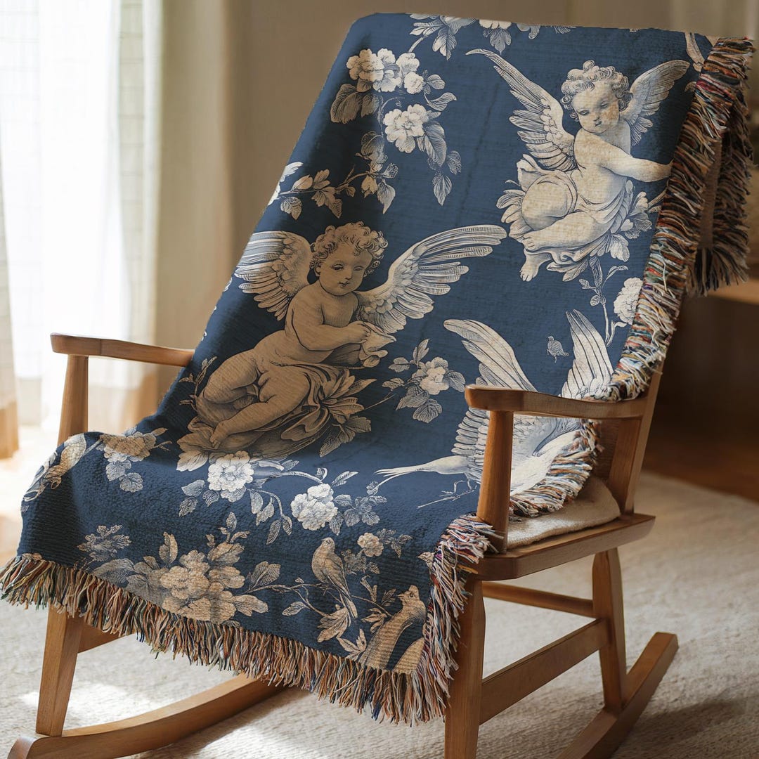 Vintage Angel Woven Blanket, Elegant Cherub and Floral Design, Cotton ...