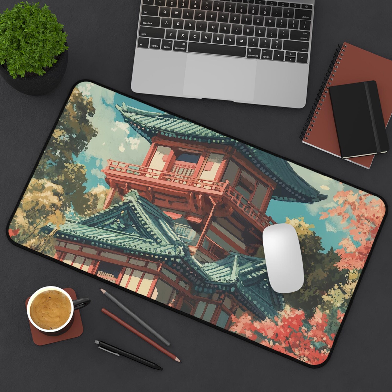 Anime Temple Desk Mat, Japanese Architecture Mouse Pad, Cozy Fall Otaku ...