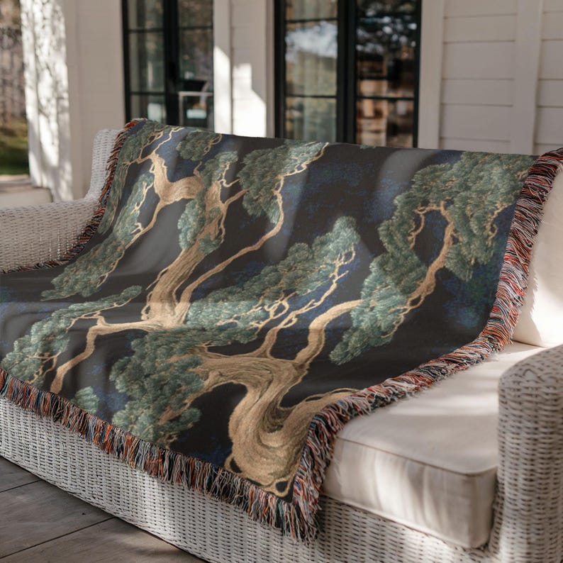 Japanese Bonsai Woven Blanket, Forest Green Tree Throw for Bed or Sofa ...
