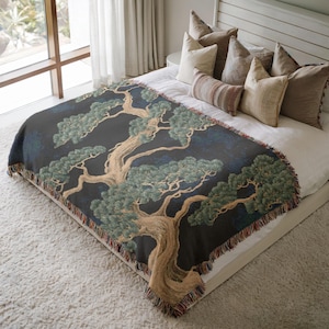 Japanese Bonsai Woven Blanket, Forest Green Tree Throw for Bed or Sofa ...
