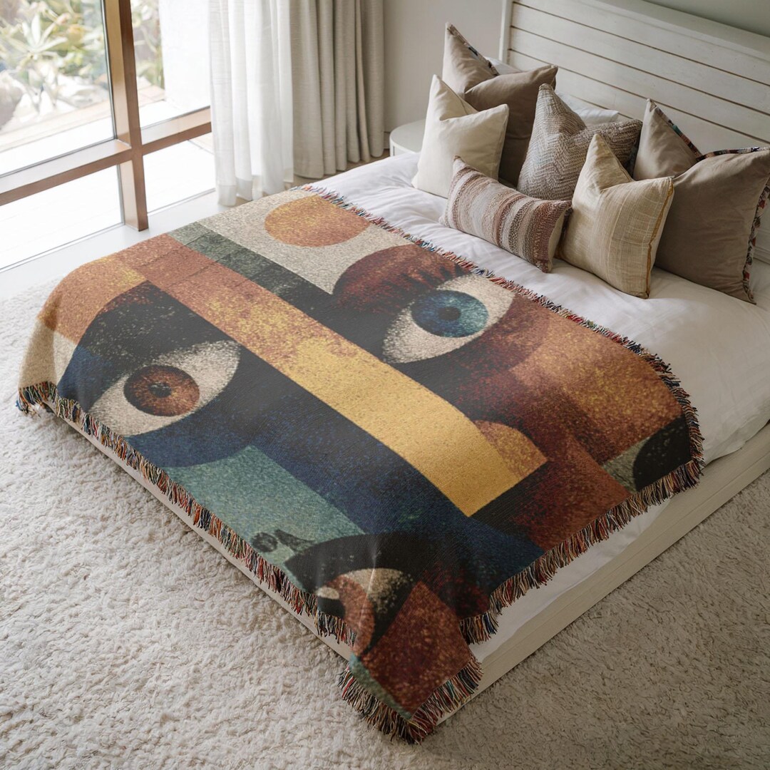 Abstract Face Woven Blanket, Surreal Art Throw, Bold Modern Bed Cover ...