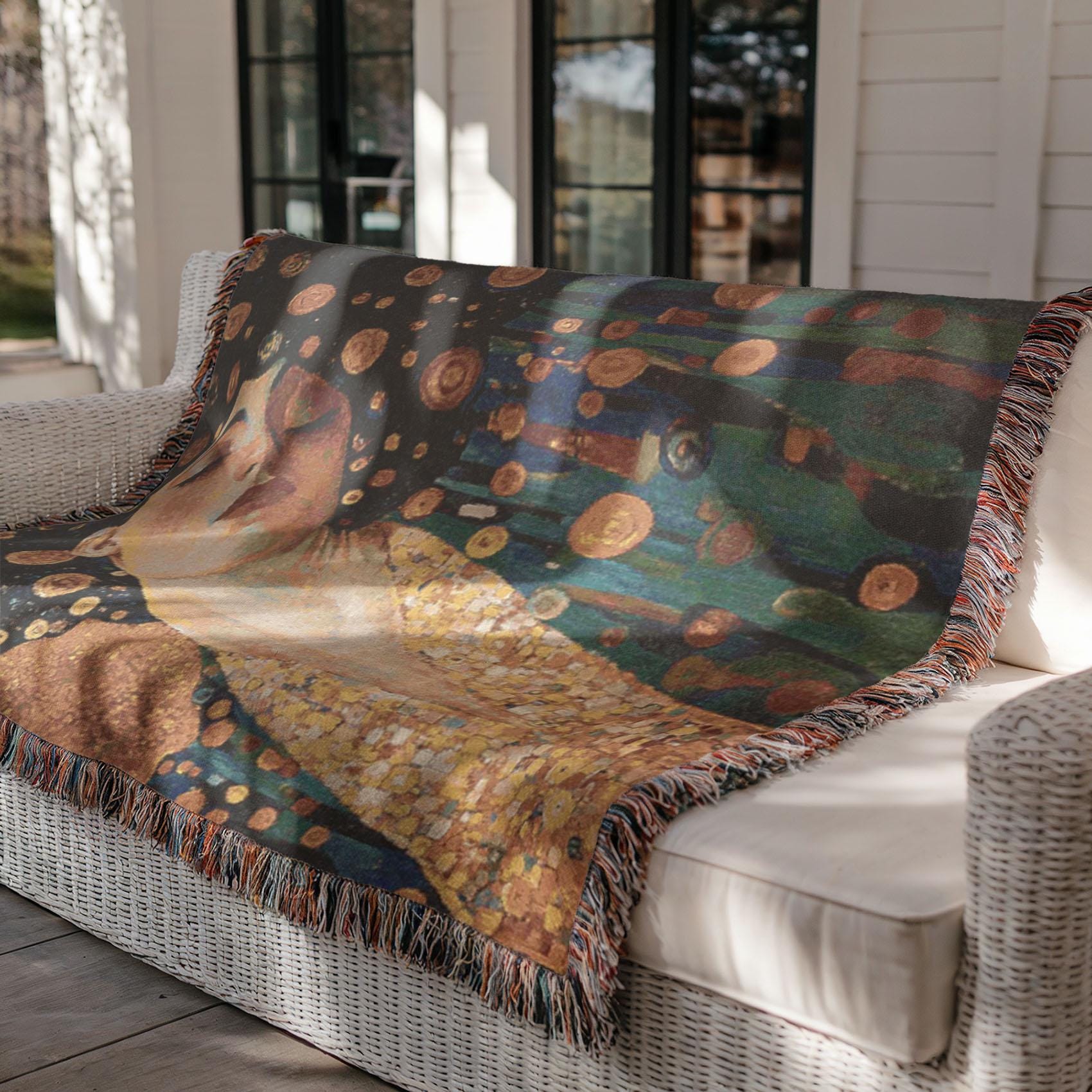 Art Nouveau Blanket, Klimt Style Woman Portrait Tapestry Throw, Woven ...