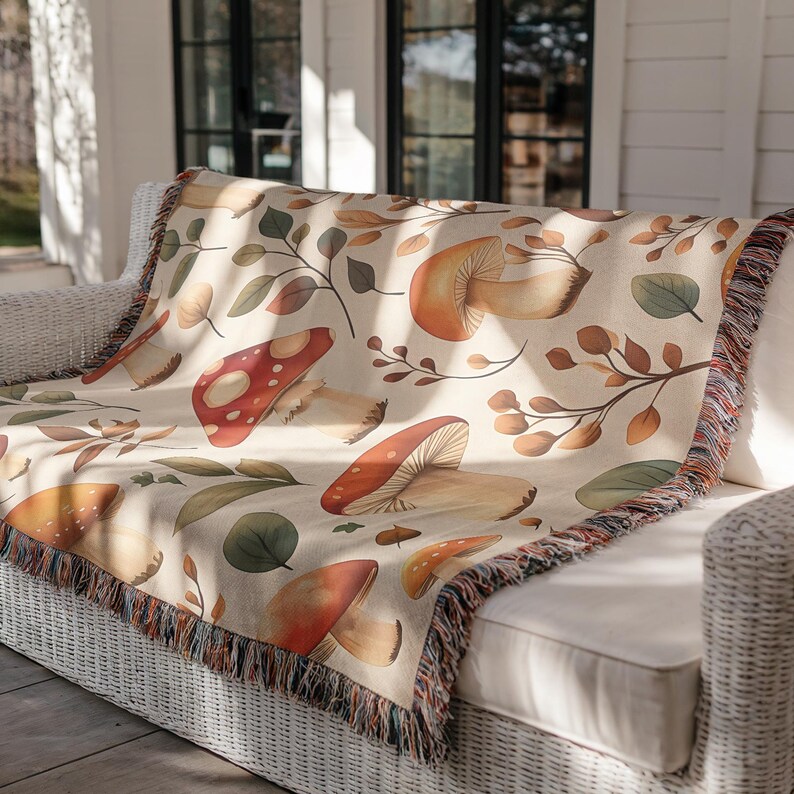 Whimsigoth Mushroom Blanket Woven Throw Couch Cute Fungi Cottagecore ...