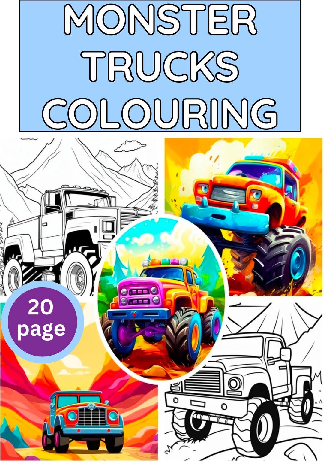 20pg 'monster Truck' Colouring Pages Downloadable Pages, Printable ...