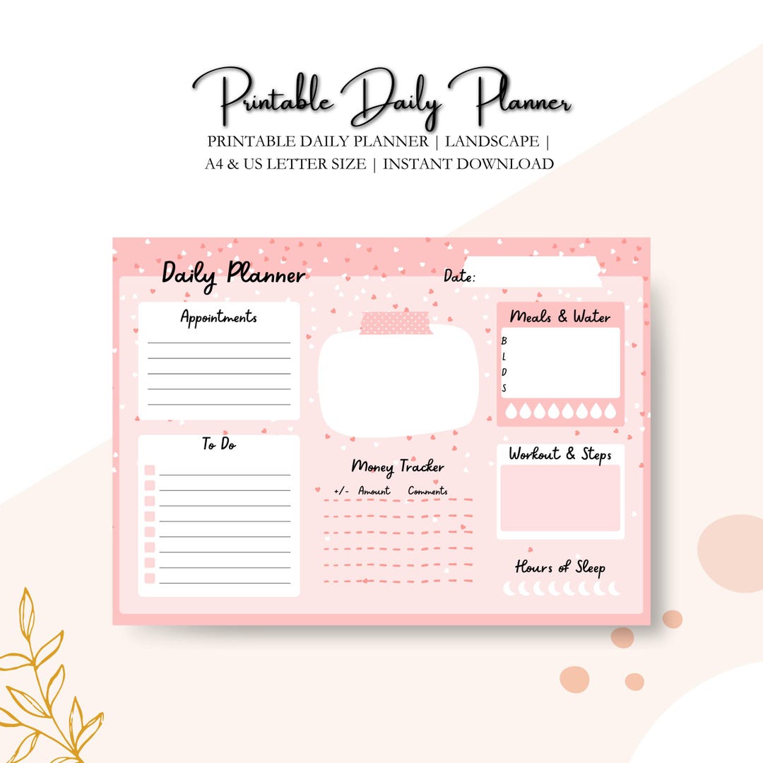 Pink Printable Daily Planner, Landscape Design, Desktop Planner, A4 ...