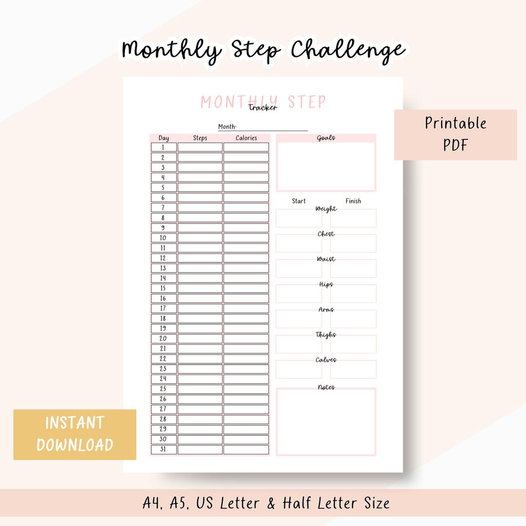 Daily Step Tracker, Monthly Step Challenge, Printable Step Log ...
