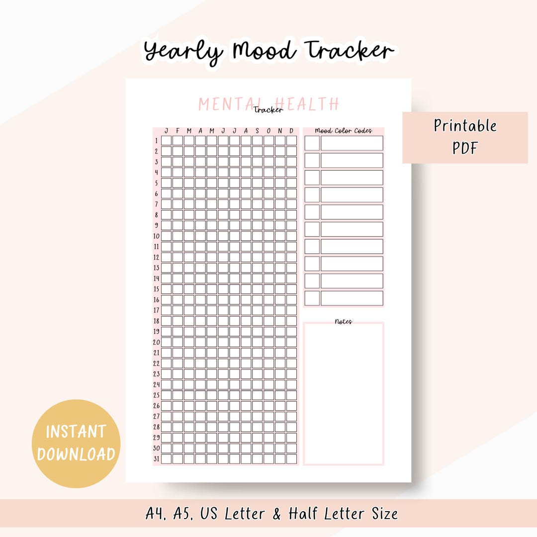 Yearly Mood Tracker Chart, Daily Mental Health Tracker, Emotions ...