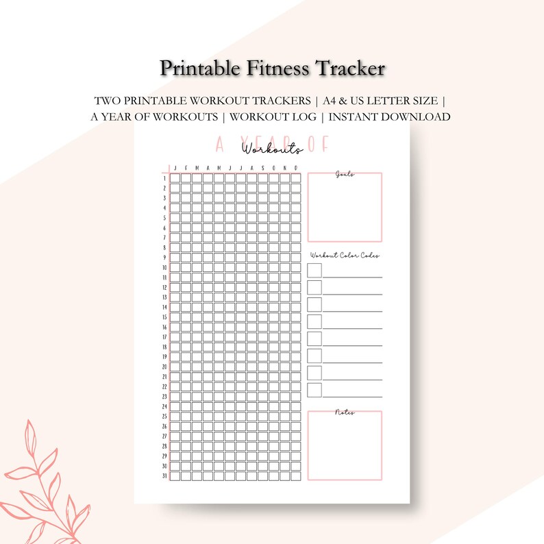 Printable Minimalist Fitness Tracker, Yearly Workout Tracker, Daily ...