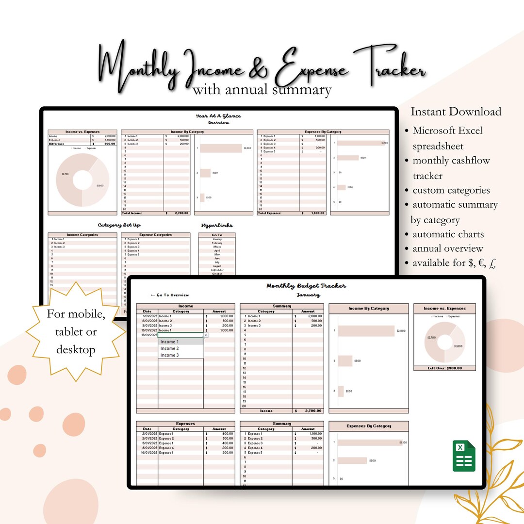 Income & Expense Tracker for Microsoft Excel, Cash Flow Tracker ...