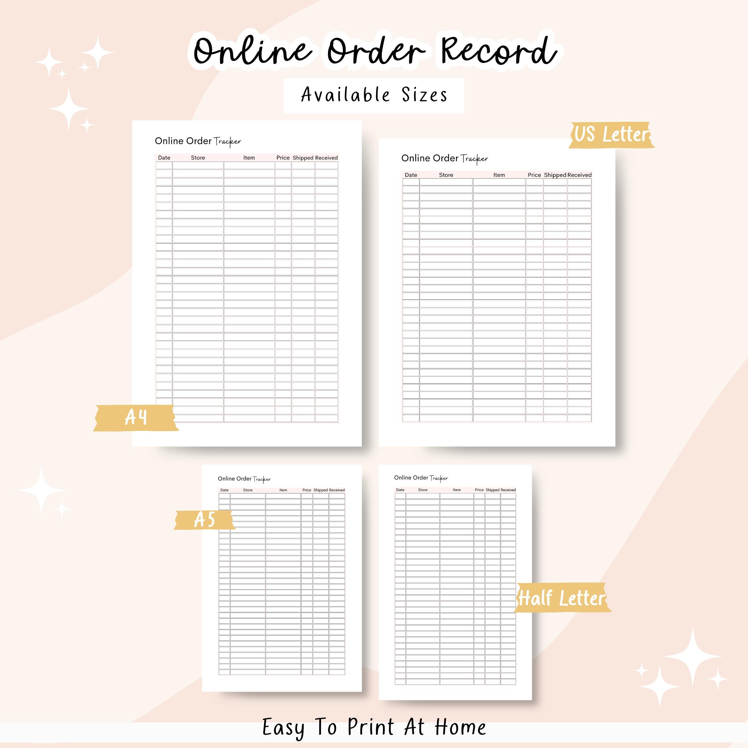 Online Order Tracking Sheet Printable, Shopping and Purchase Log ...
