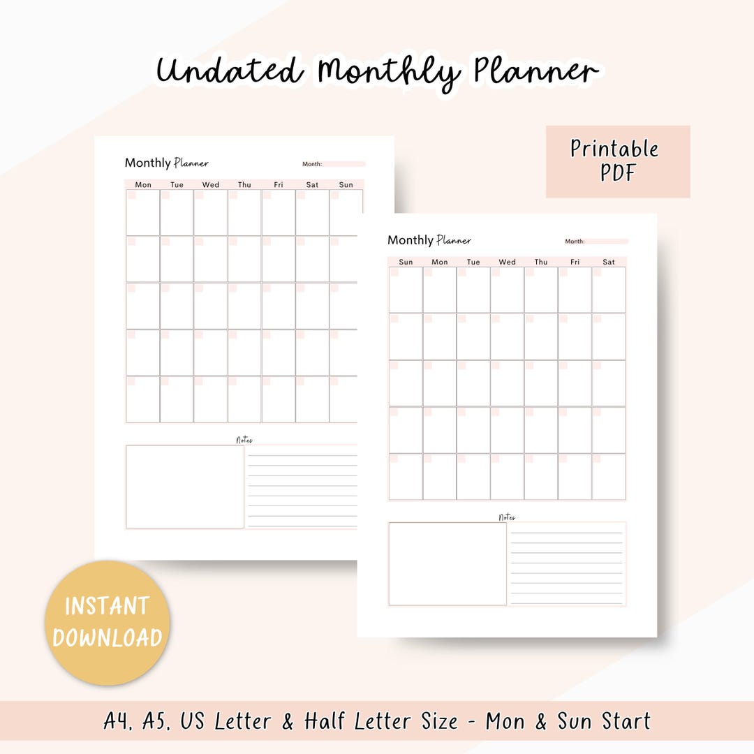 Undated Monthly Planner Printable, Mon & Sun Start, Undated Calendar ...