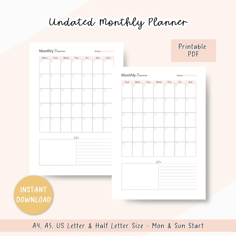 Undated Monthly Planner Printable, Mon & Sun Start, Undated Calendar ...