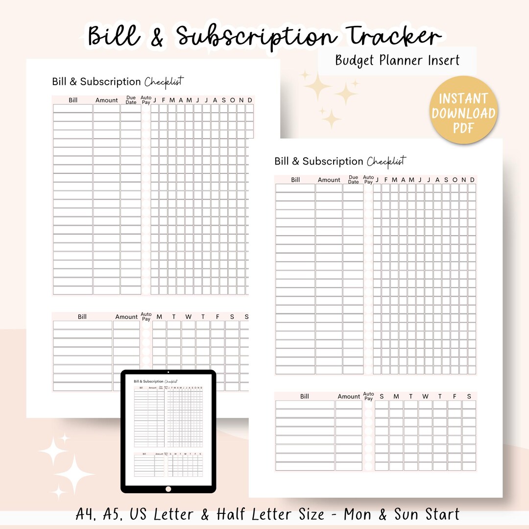 Bill & Subscription Tracker Printable, Payment Record, Budget Binder ...