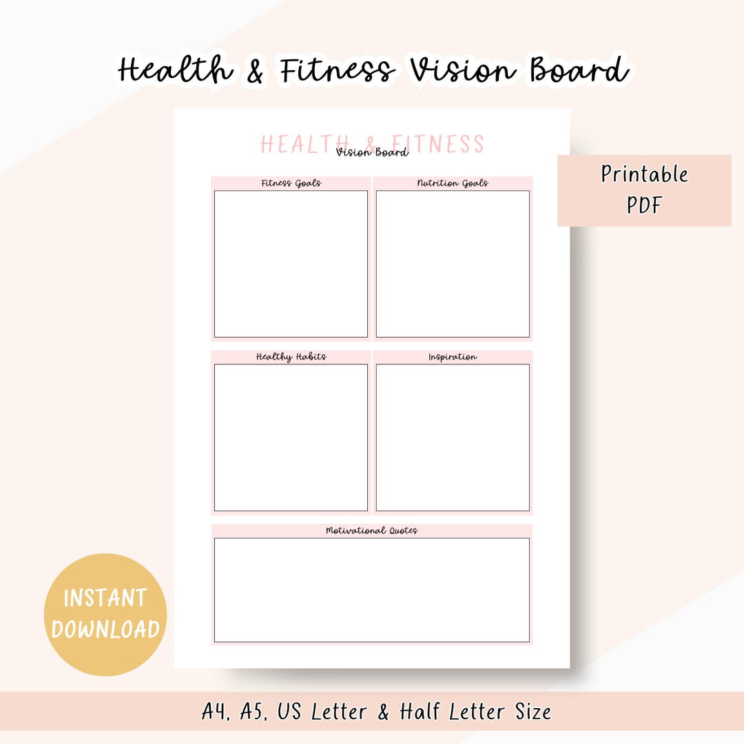 Health & Fitness Vision Board Printable, Fitness Journal Insert, Health ...