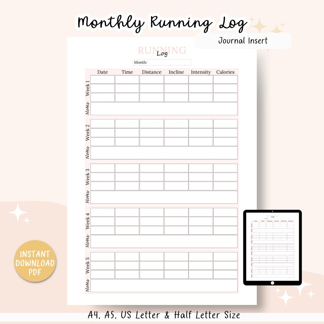 Cardio Training Log, Printable Running Log, Exercise Tracker, Monthly ...