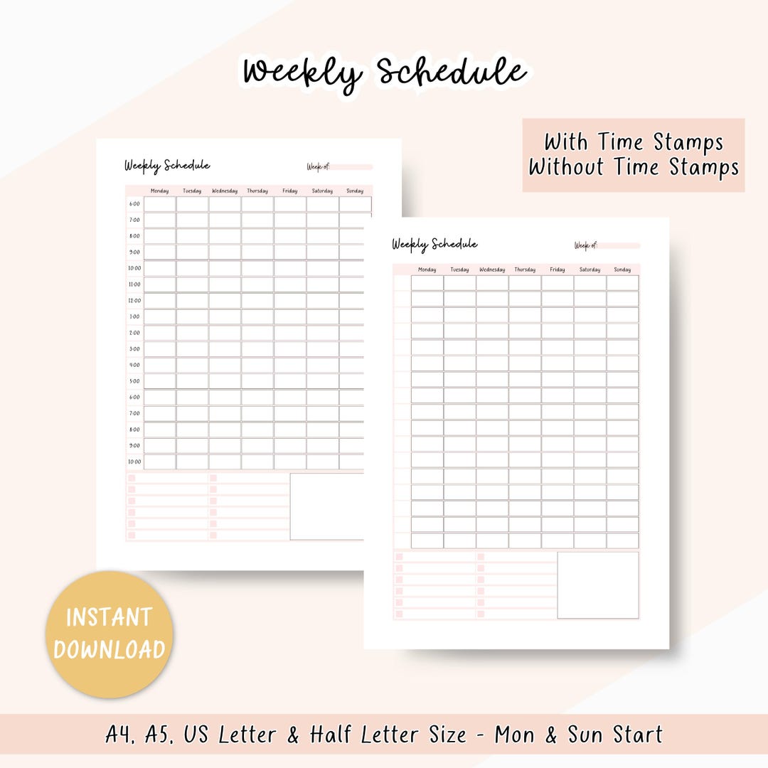 Weekly Schedule Printable, Weekly Hourly Planner, Daily Agenda, Weekly ...