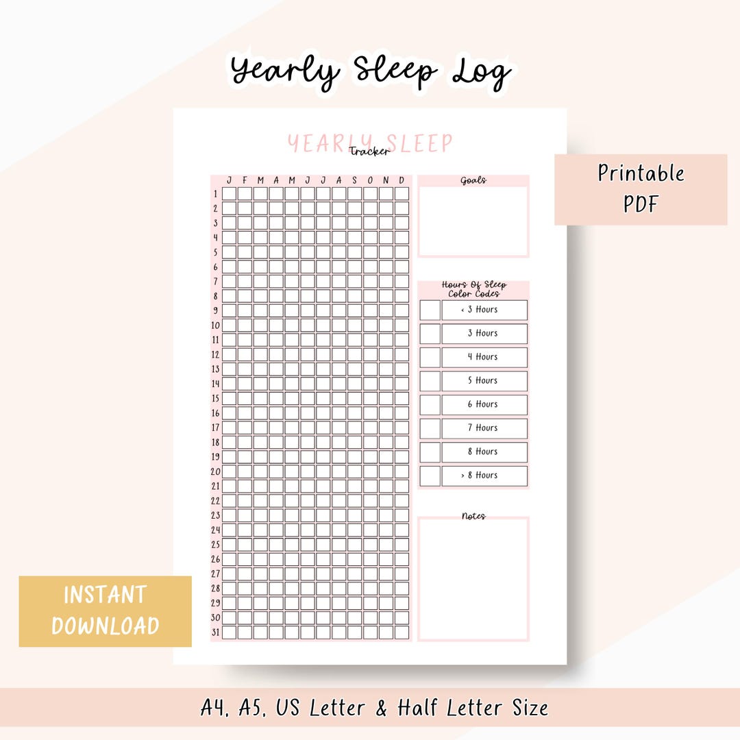 Yearly Sleep Log, Color in Sleep Chart, Sleep Time Tracker Printable ...
