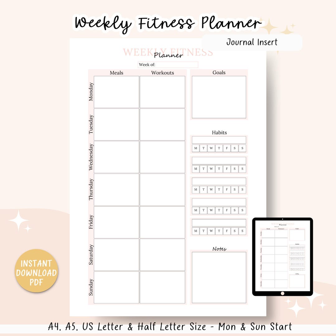 Weekly Fitness Planner Printable, Weekly Workout Schedule, Fitness Meal ...
