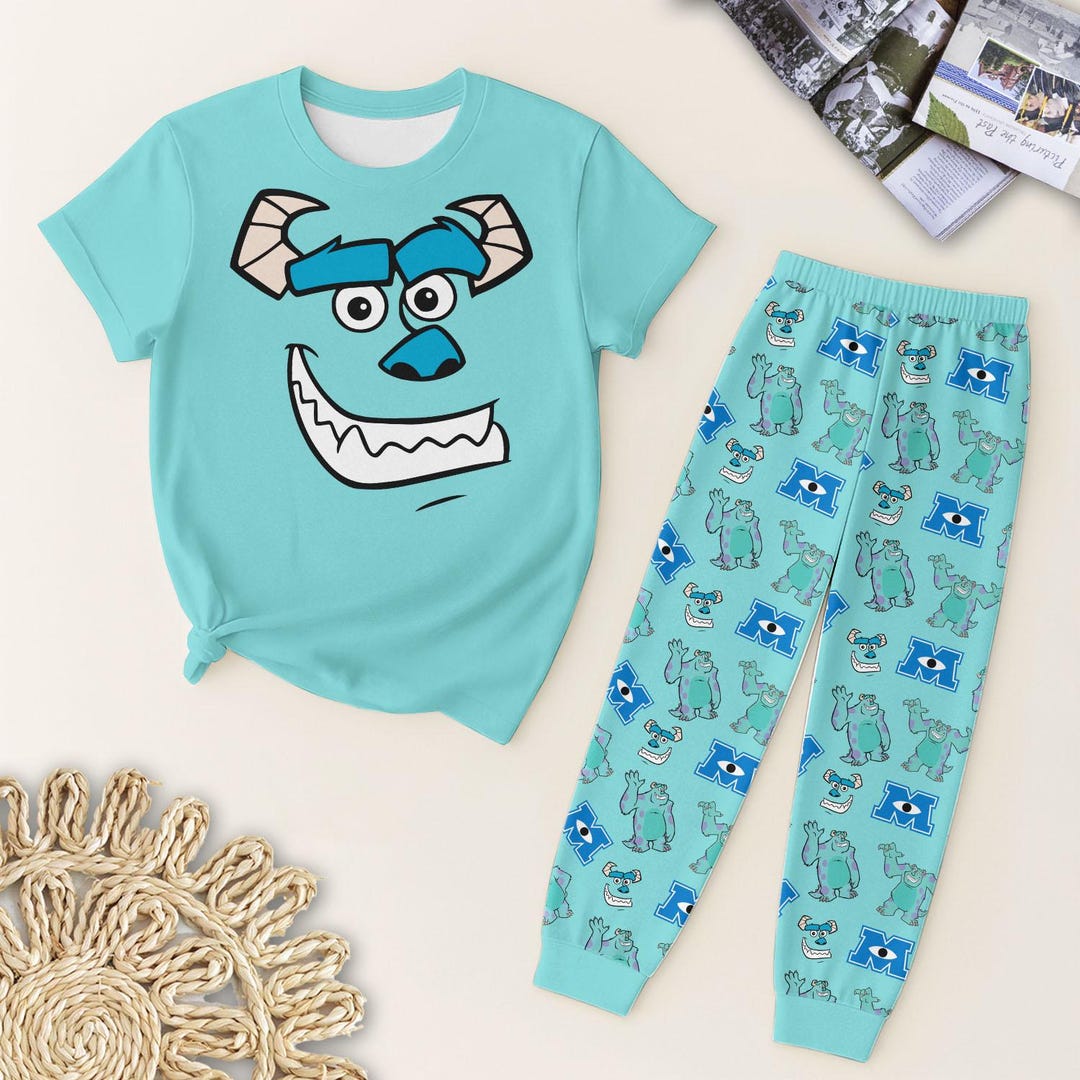 Blue Monster Pajamas Set, Cute Furry Character Face T Shirt and Pants ...