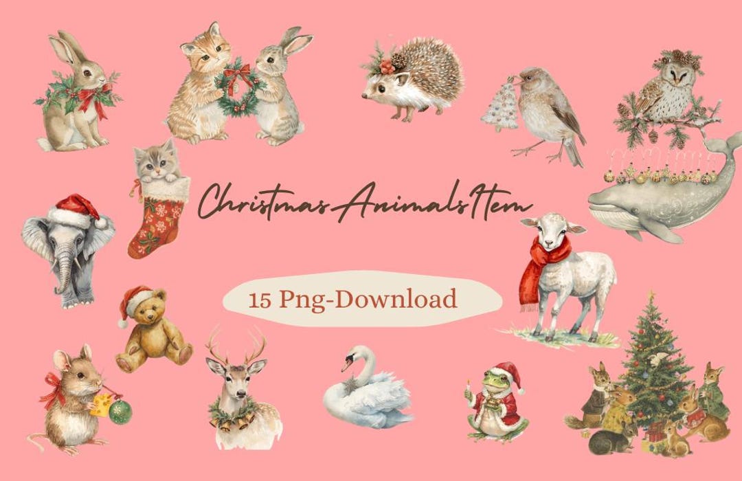 Watercolor Christmas Animal Clipart (15 PNG) - Etsy